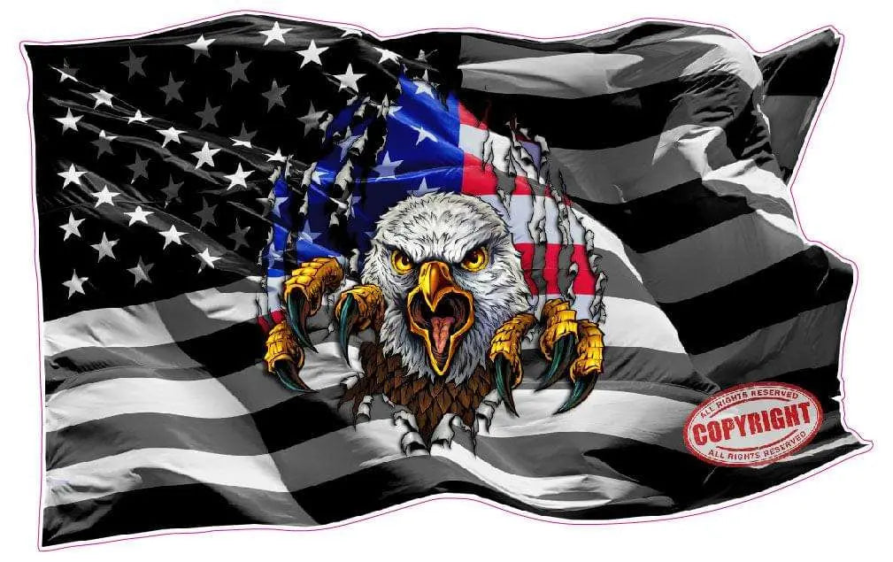 American flag black and White with colored Eagle ripping through decal ...
